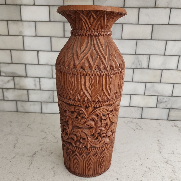 Vintage | Accents | Vintage Ornate Hand Carved Large Wooden Teak Vase ...